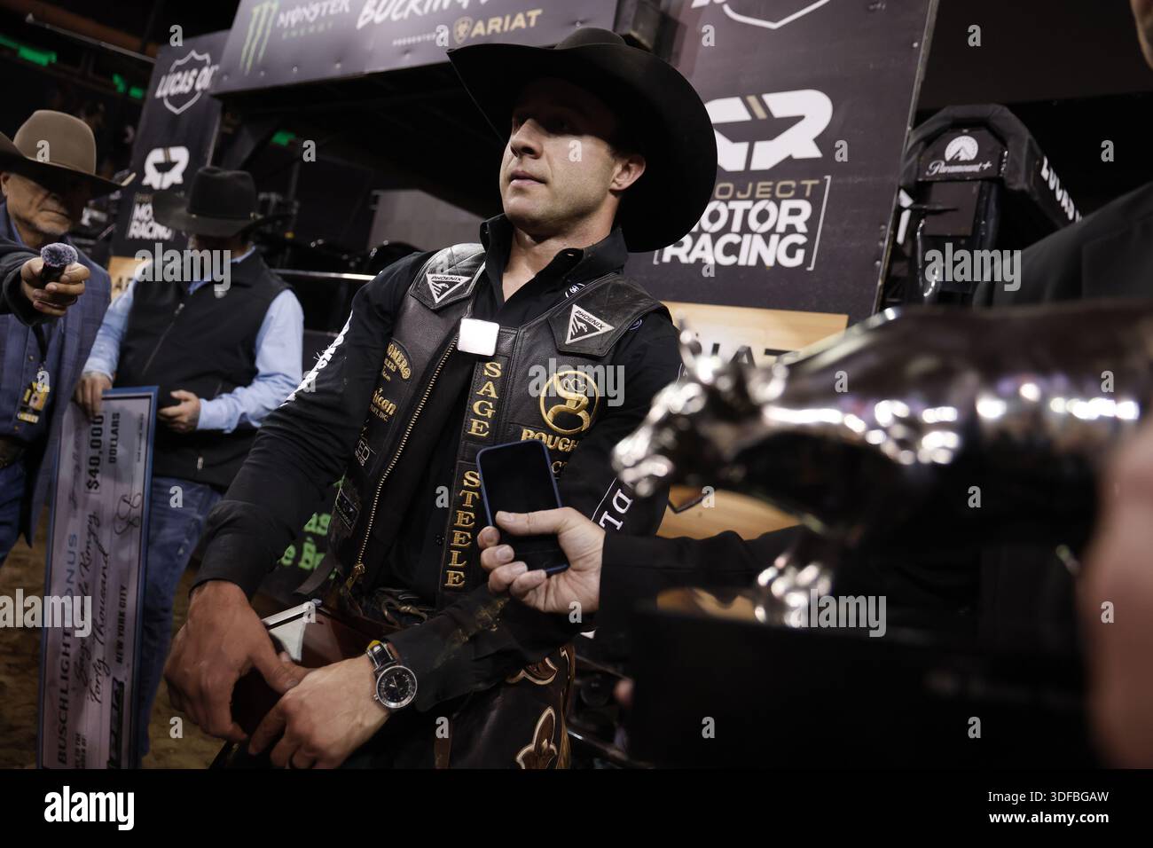 Winner Sage Steele Kimzey is interviewed during PBR Monster Energy Buck ...