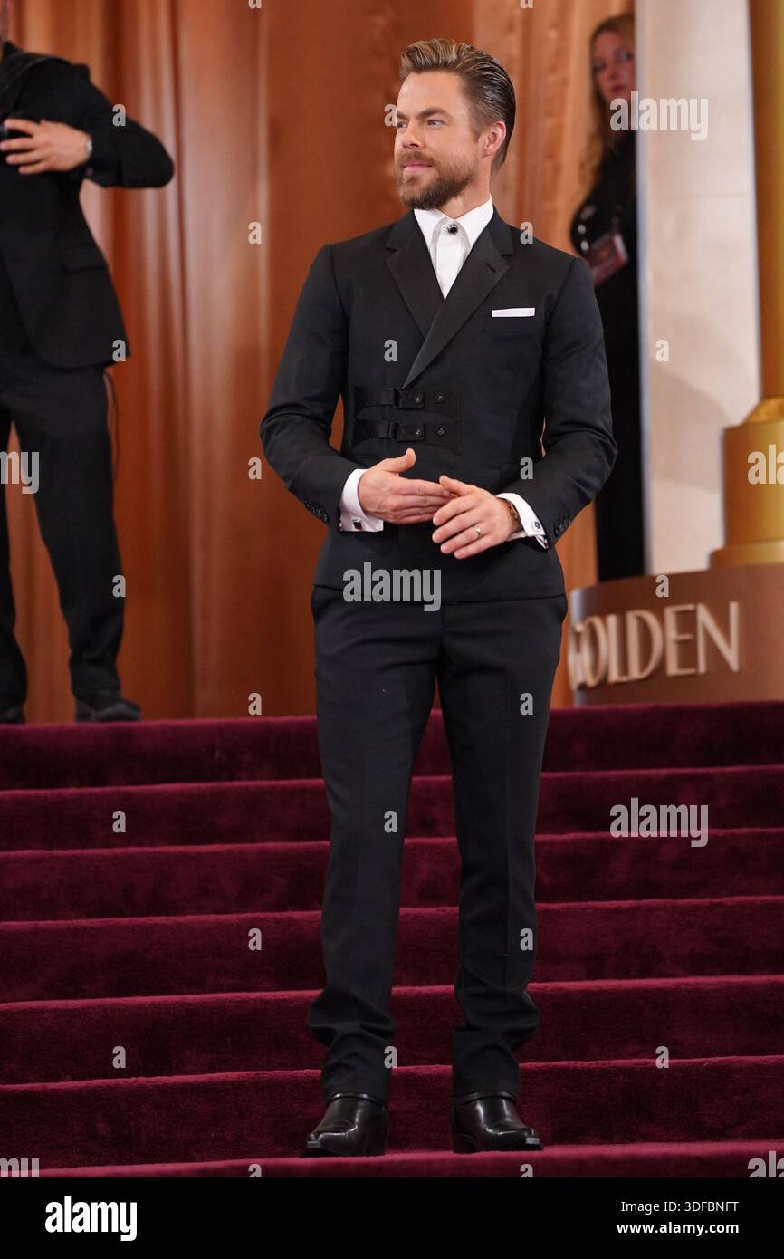 Derek Hough arrives at the 83rd Golden Globes on Sunday, Jan. 11, 2026 ...
