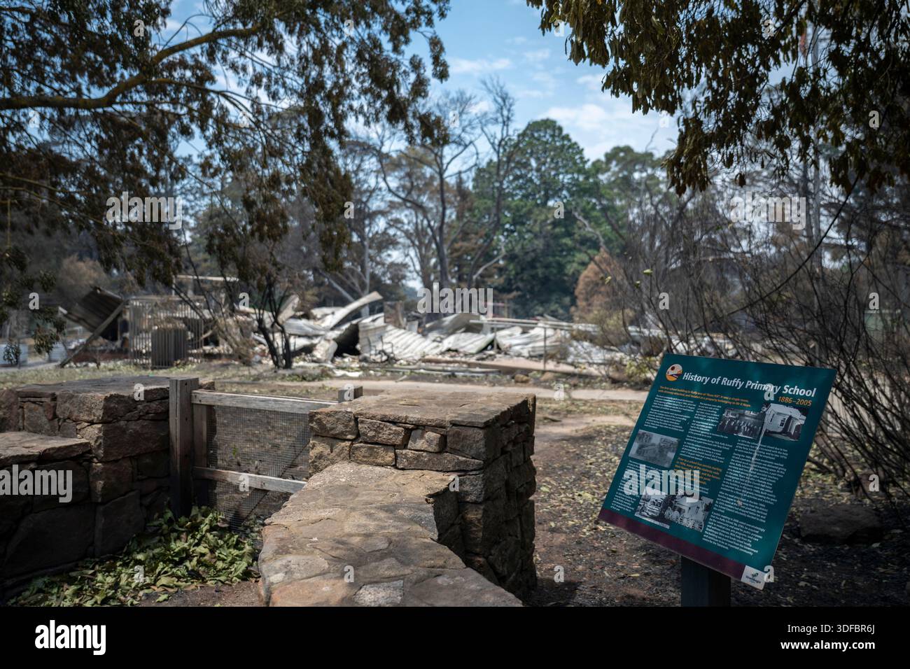 The burned remains of Ruffy Primary School sit behind a closed gate ...
