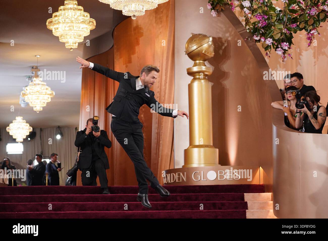 Derek Hough arrives at the 83rd Golden Globes on Sunday, Jan. 11, 2026 ...
