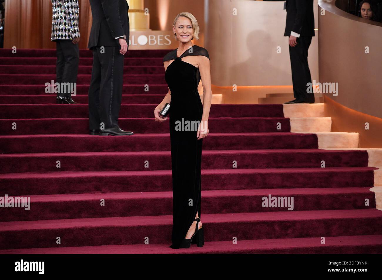 Robin Wright arrives at the 83rd Golden Globes on Sunday, Jan. 11, 2026 ...