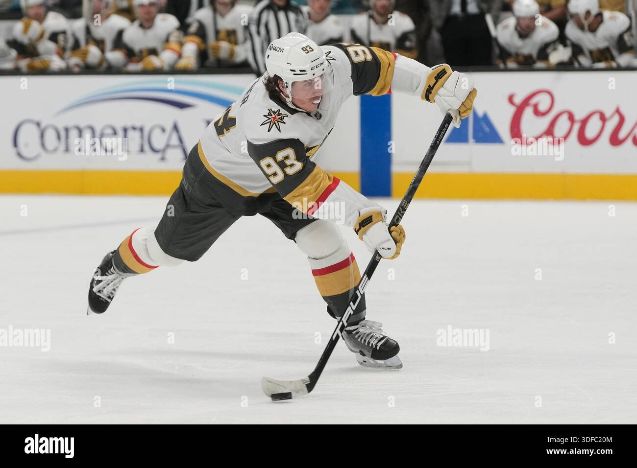 Vegas Golden Knights right wing Mitch Marner (93) passes the puck ...