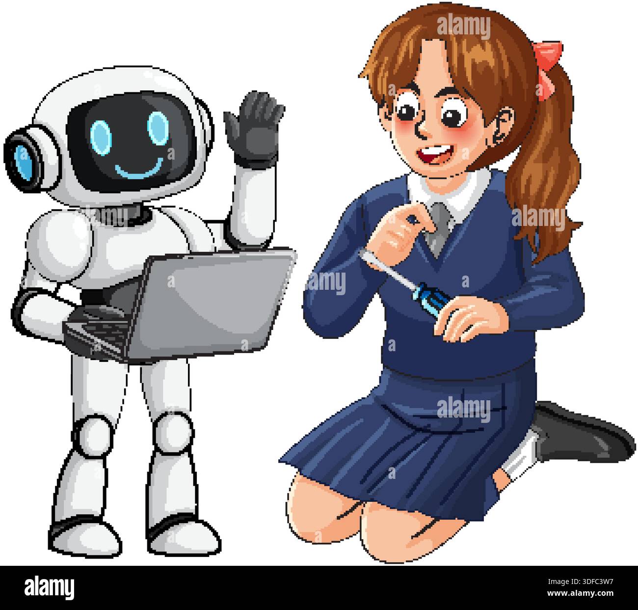 Smiling schoolgirl kneels beside friendly cartoon robot, learning ...