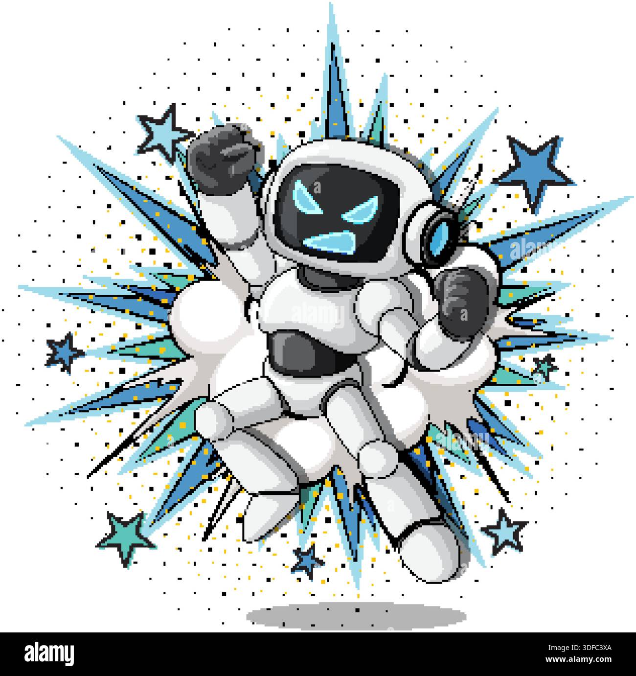 Energetic cartoon robot leaps forward, dynamic comic explosion, bold ...