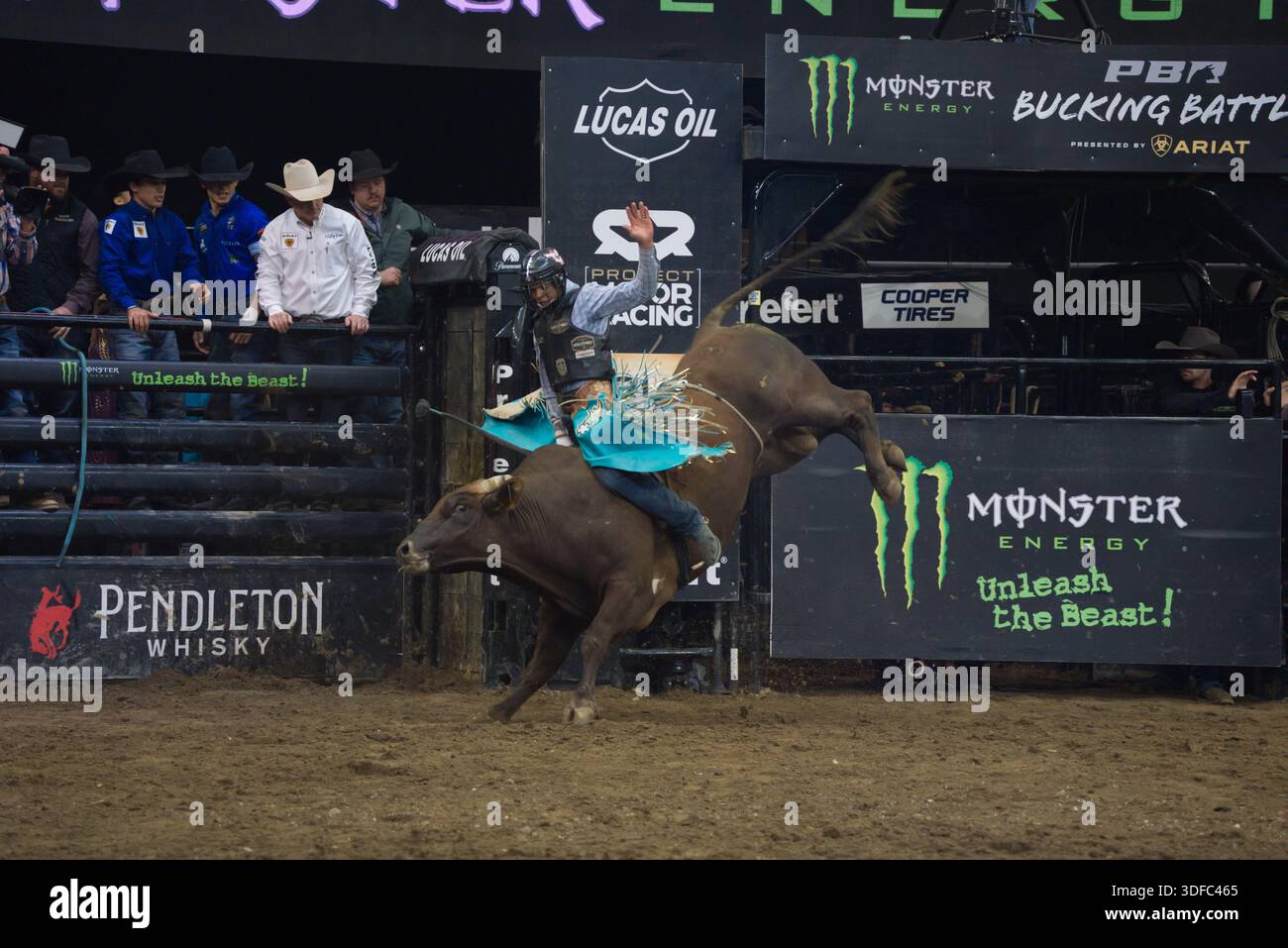 A bull rider attempts to stay on a bucking bull in an arena, with ...
