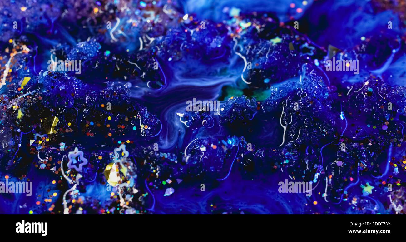 Paint spill defocused. Ink spread. Sparkling blue dye abstract curl ...