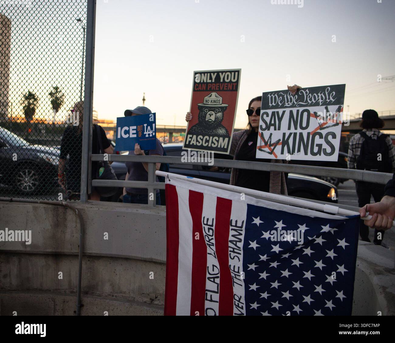 Protesters line an overpass above a Los Angeles freeway, waving signs ...