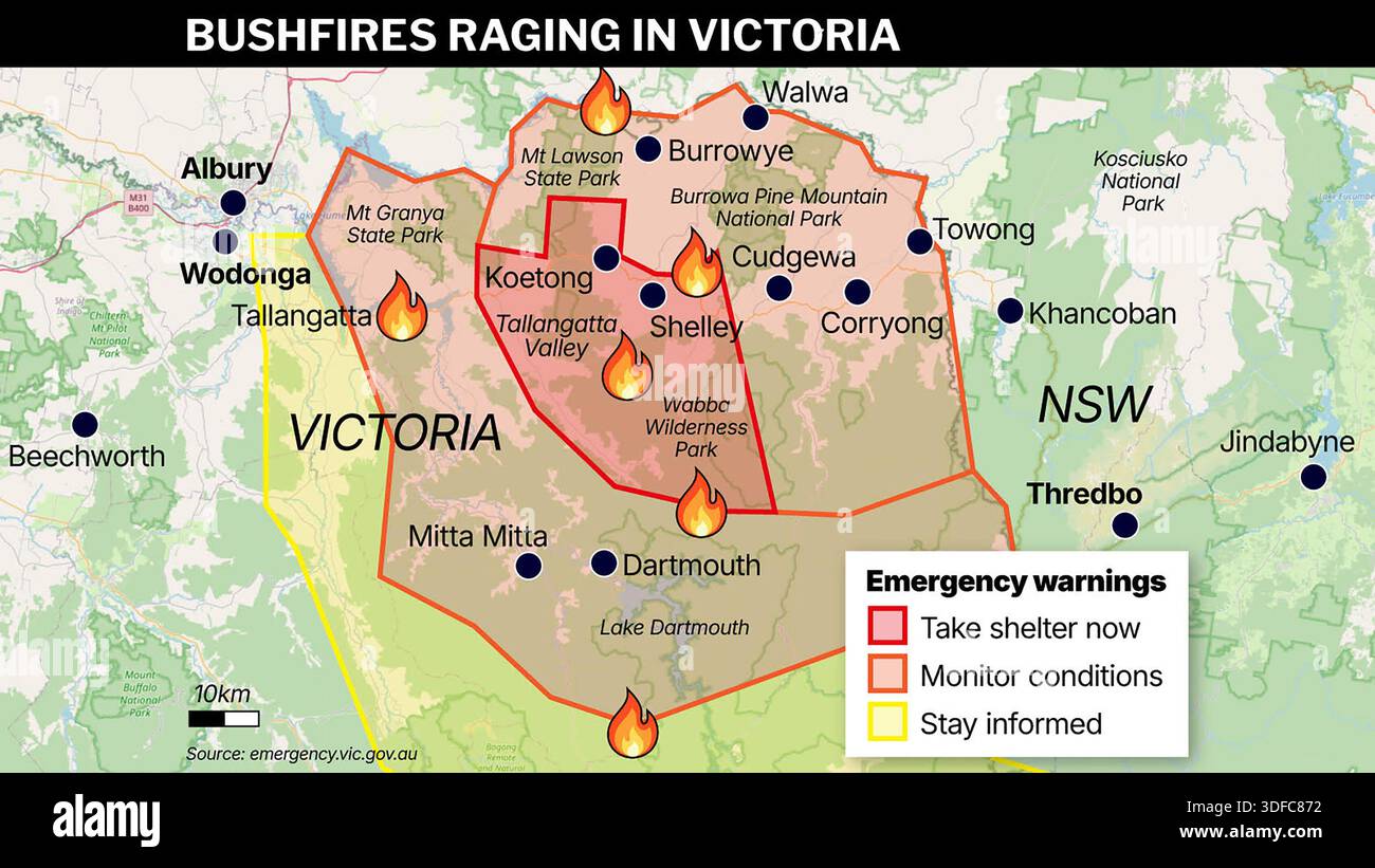 A graphic shows a map of bushfires currently buring in Victoria as of ...