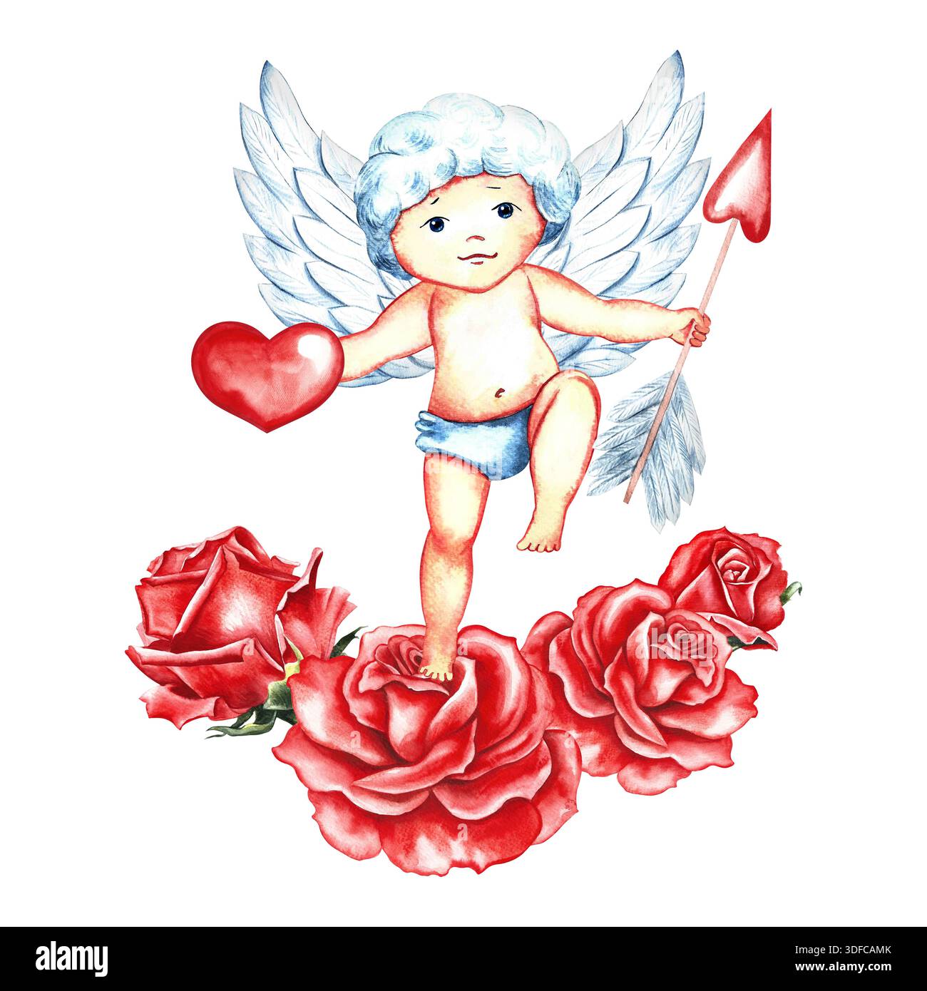 Cute little cupid with an arrow and a heart on red roses. Hand-drawn ...