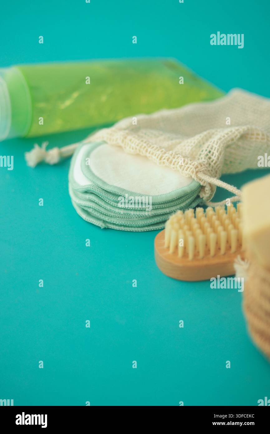 Items for personal care on a blue surface during the day Stock Photo ...