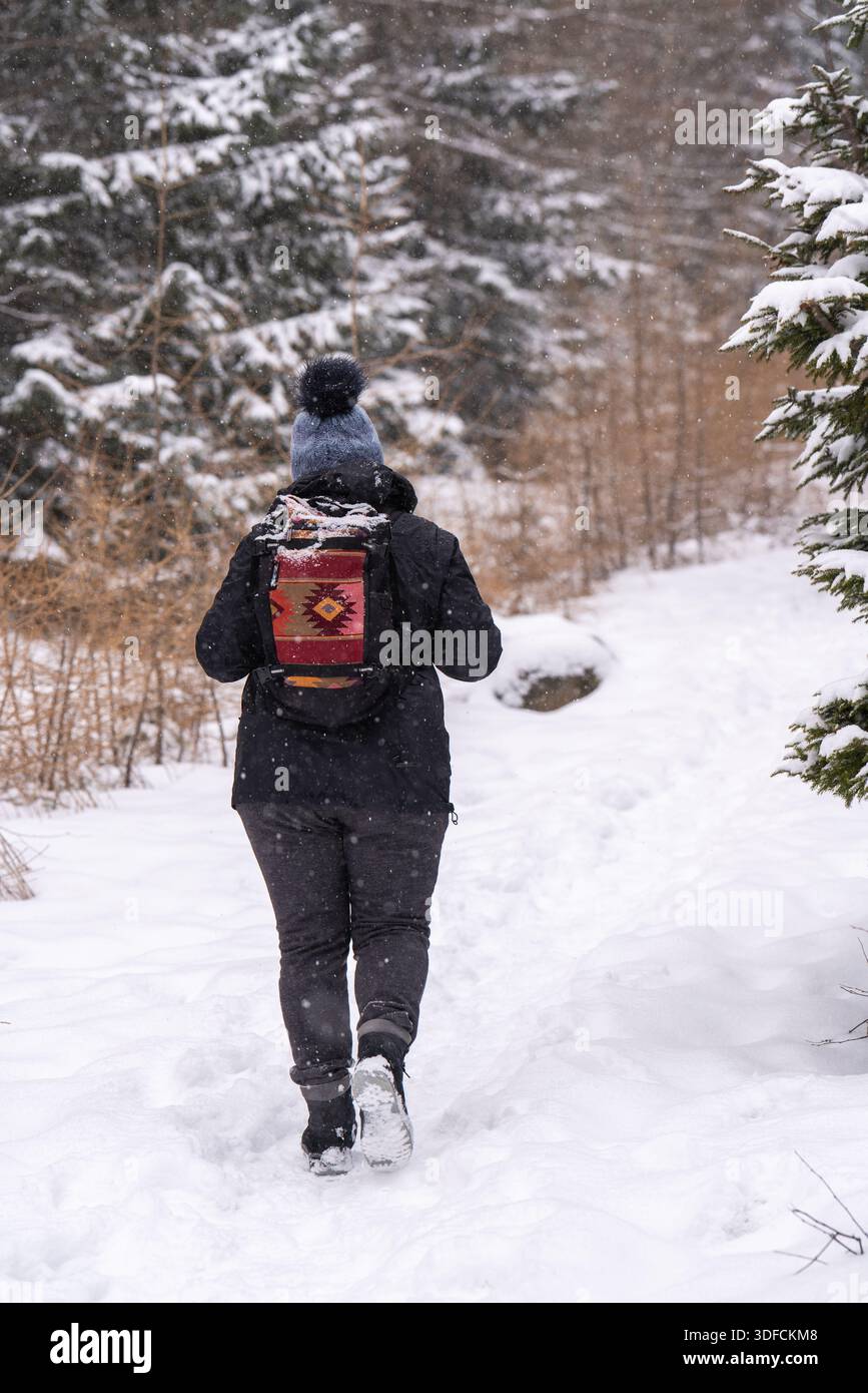 Rear view of woman with backpack hiking in snowstorm. Poor visibility ...