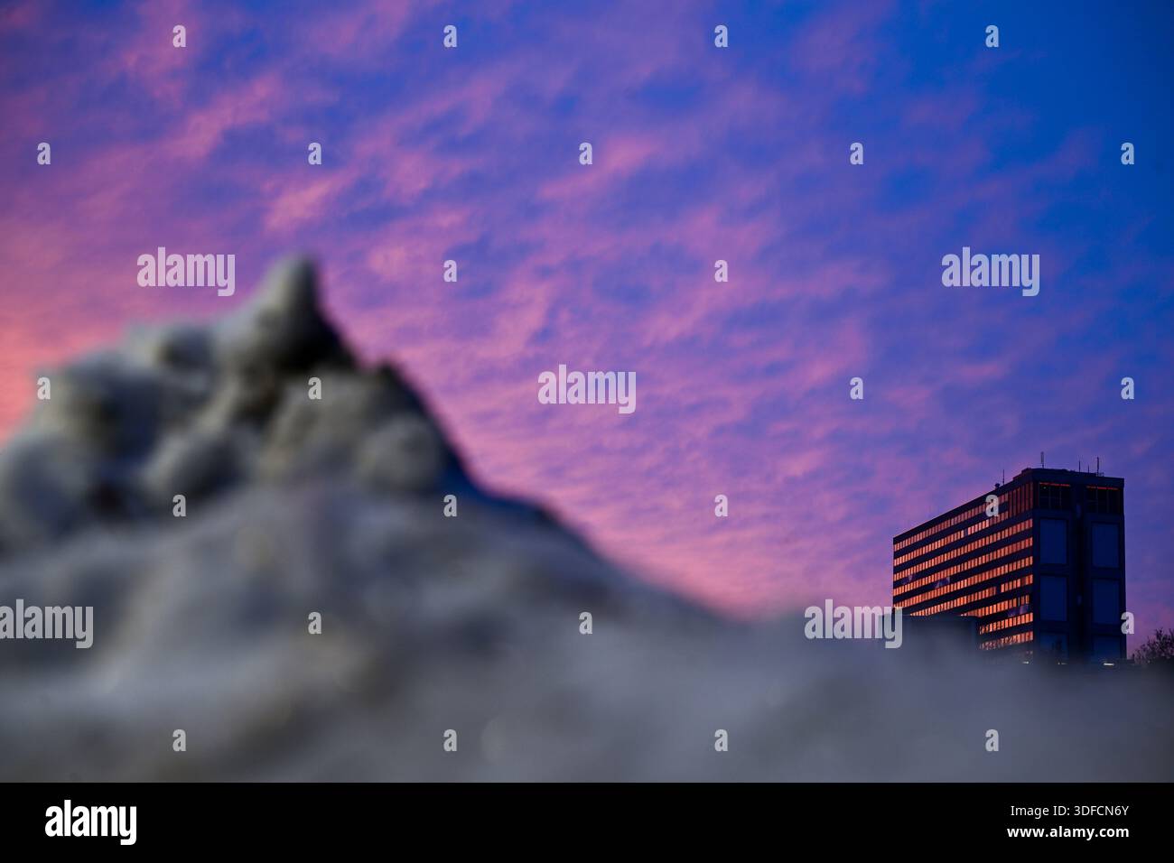 12 January 2026, Berlin: A small pile of snow lies in front of a high ...