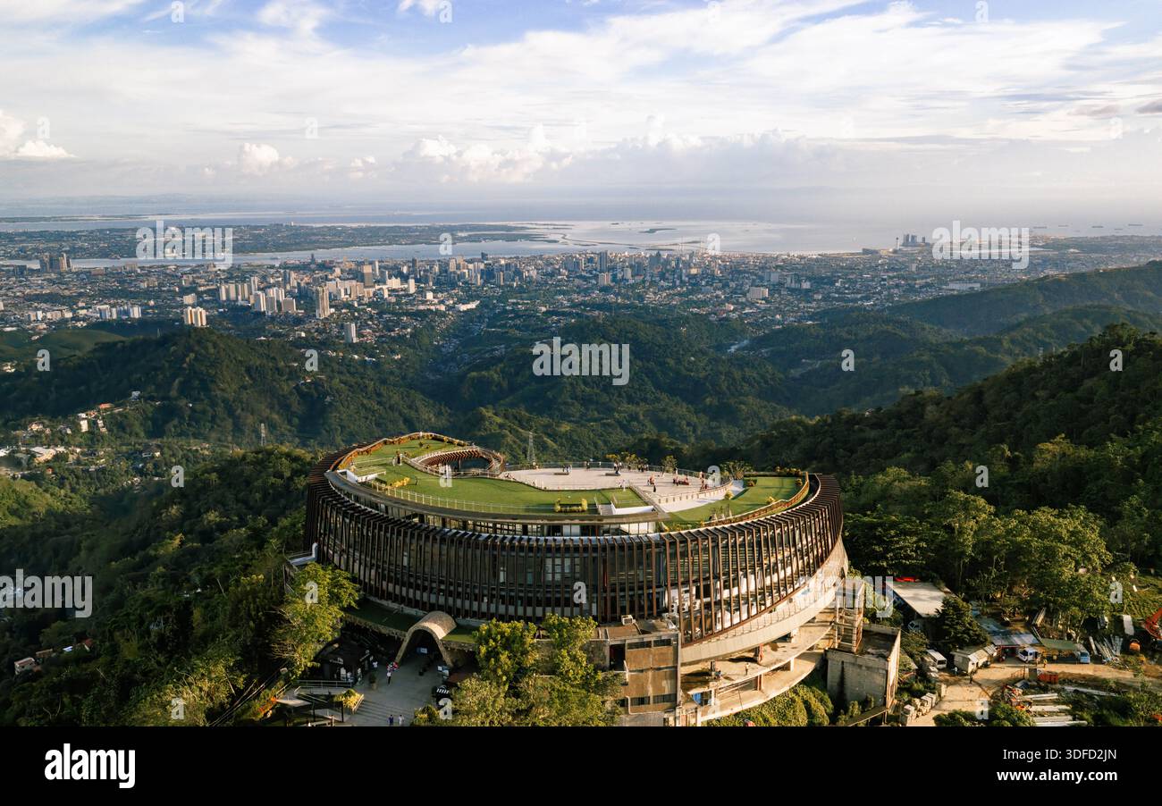 Aerial view of the Tops Lookout's curved structure sits atop the green ...