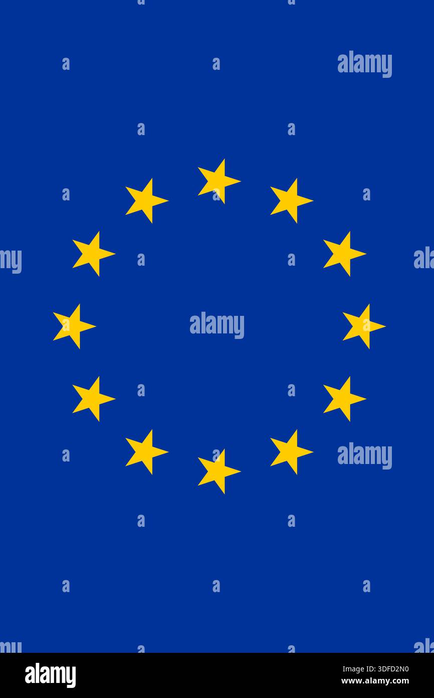 The European Union, EU, flag features a blue background with a circle ...