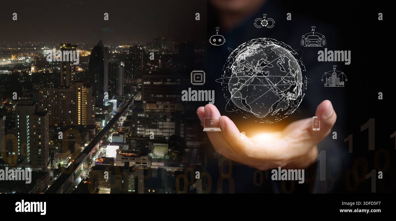 The world driven by artificial intelligence. City at night and digital ...
