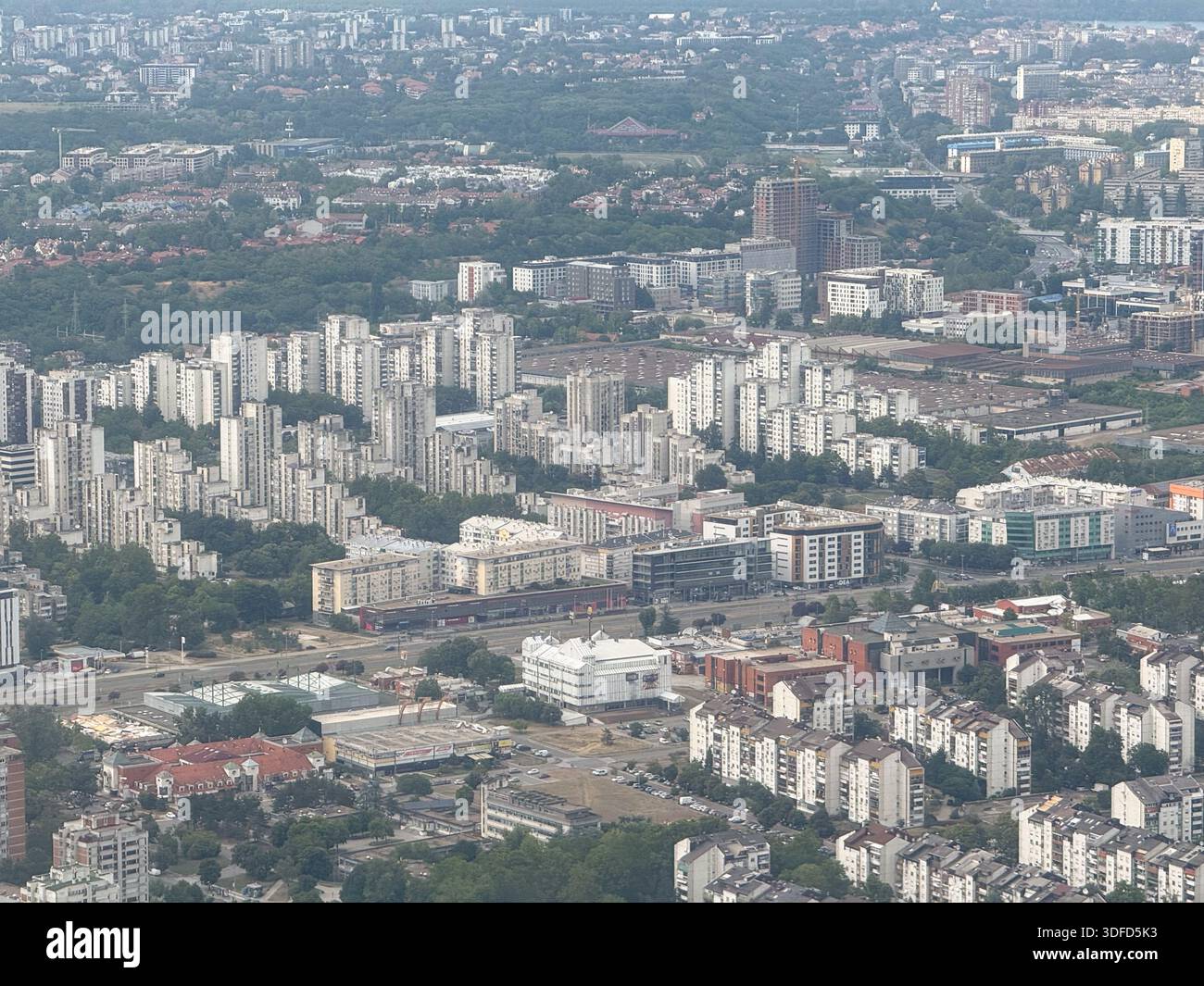 Aerial view of Belgrade residential districts and urban skyline from ...