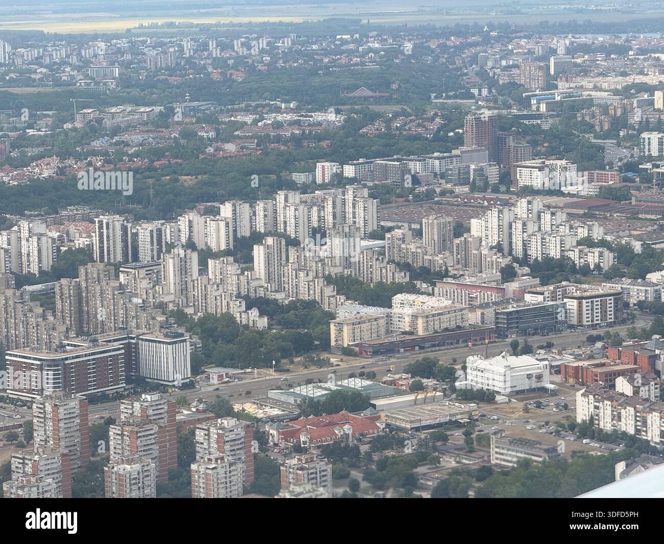 Aerial view of Belgrade residential districts and urban skyline from ...