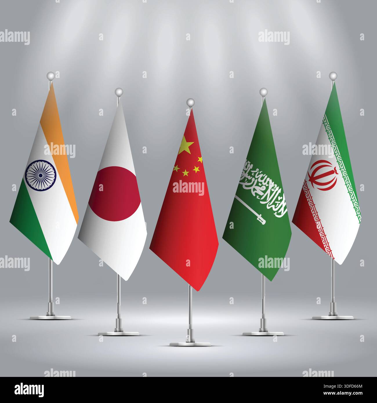 Set of Standings flags of China, India, Japan, Iran, and KSA Stock ...