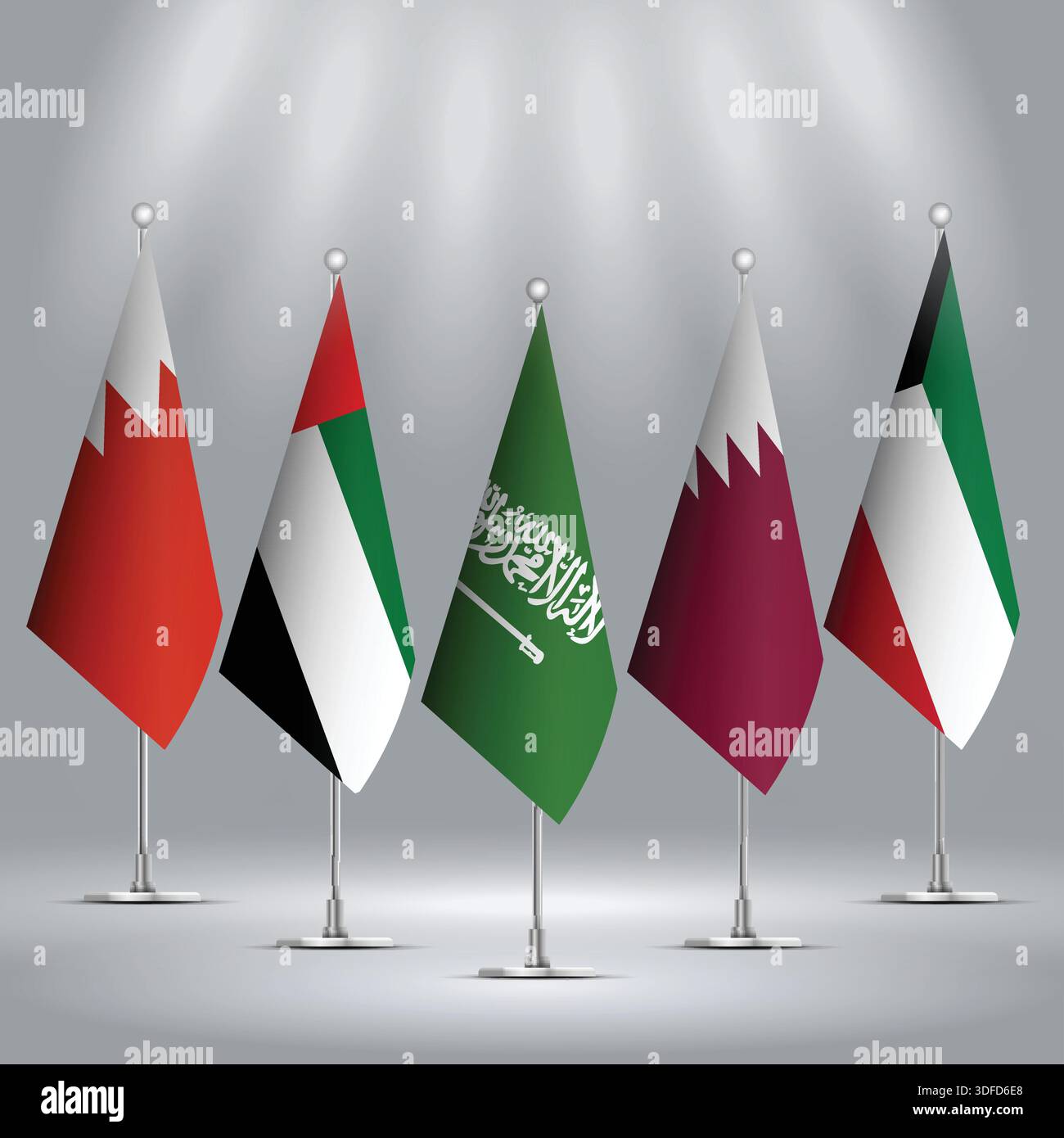 Set of Standings flags of KSA, UAE, Qatar, Bahrain, and Kuwait Stock ...