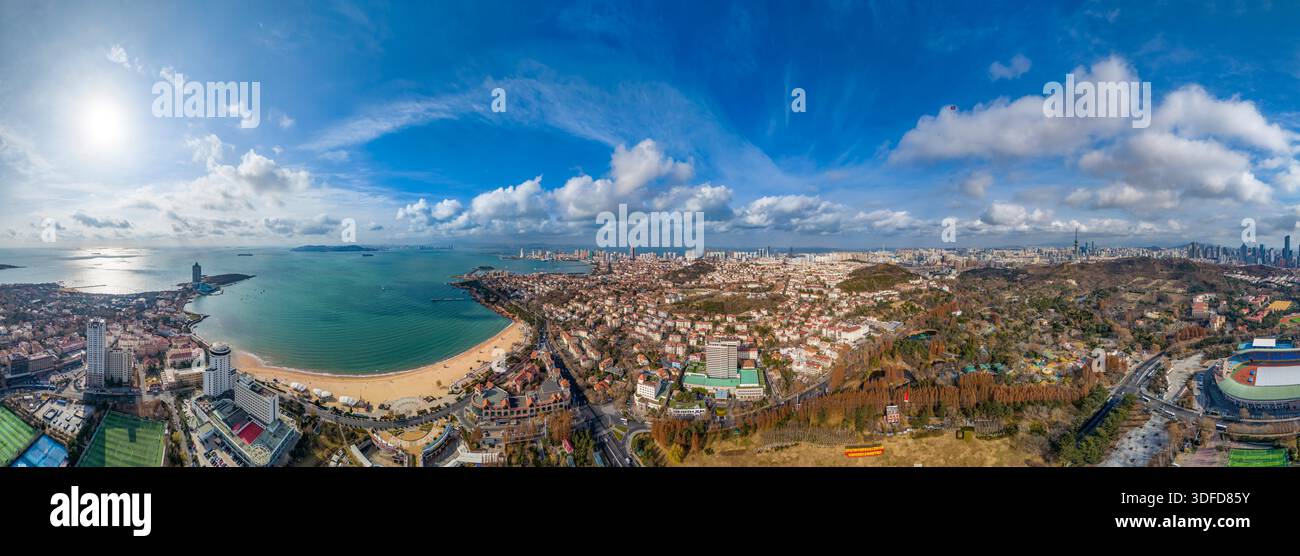 Aerial photo shows the coastal landscape of Shinan District in Qingdao ...