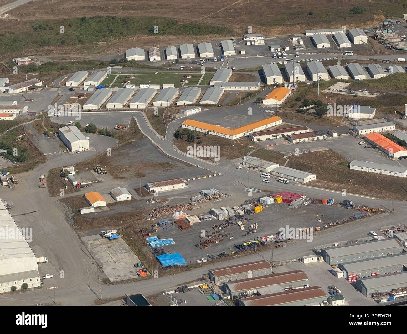 Industrial airport service zone seen from above. Logistics facilities ...