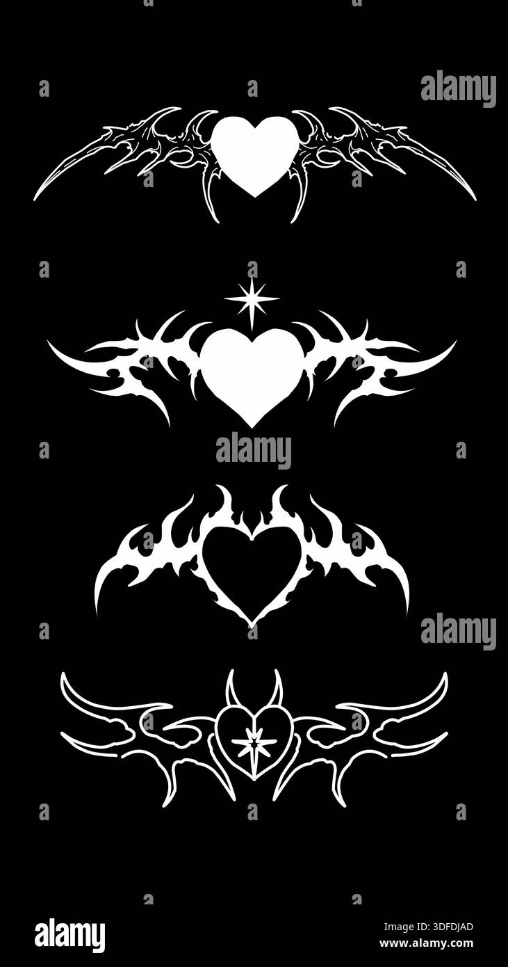 Neo tribal heart tattoo graphic set. gothic vector love shapes, with ...