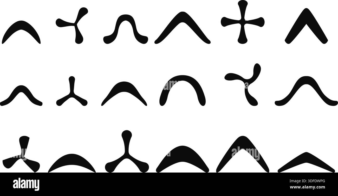 Aboriginal boomerangs. Different boomerang black silhouettes ...