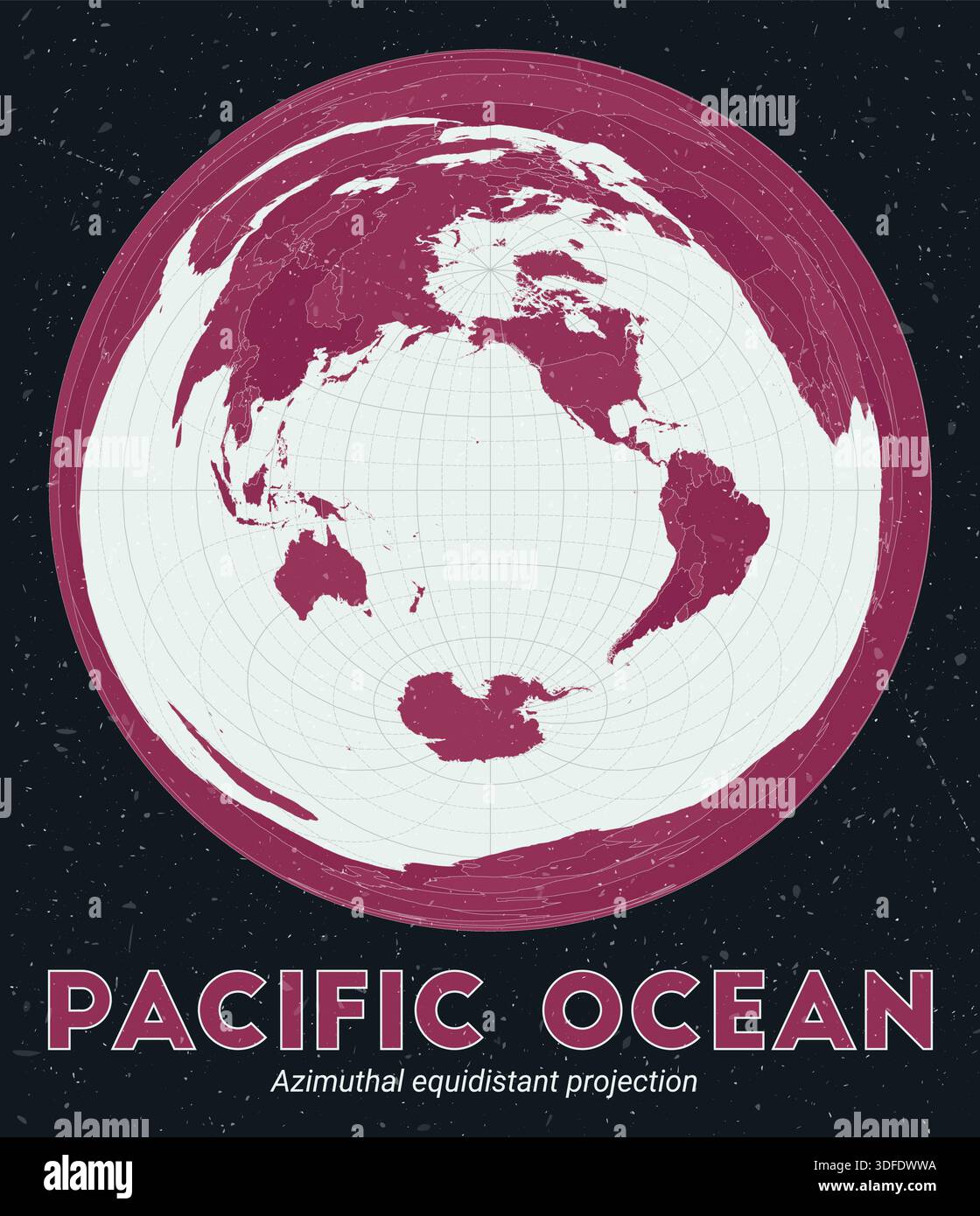 Pacific Ocean. World map. Azimuthal equidistant projection centered on ...
