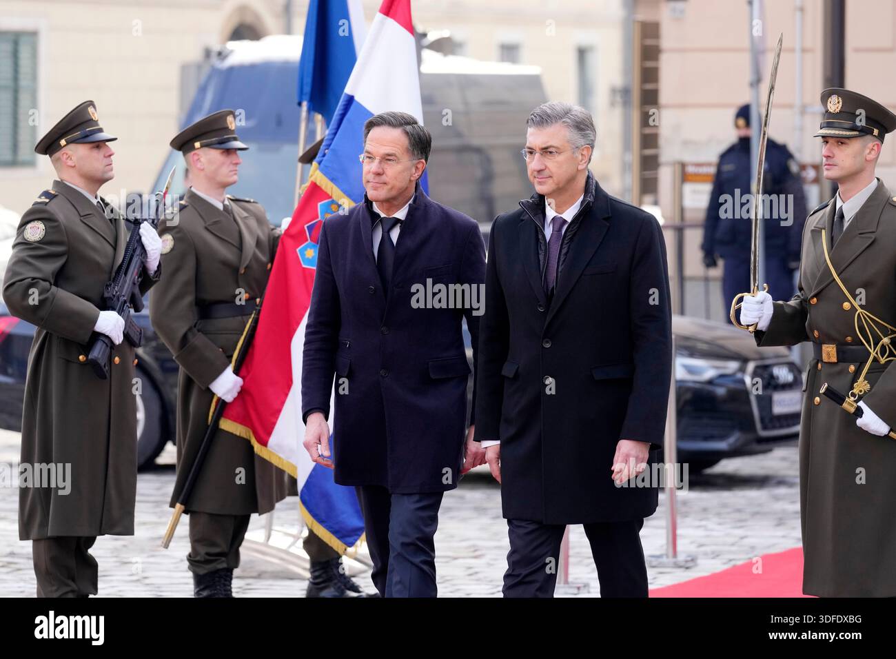 NATO Secretary General Mark Rutte, left, is welcomed by Croatian Prime ...