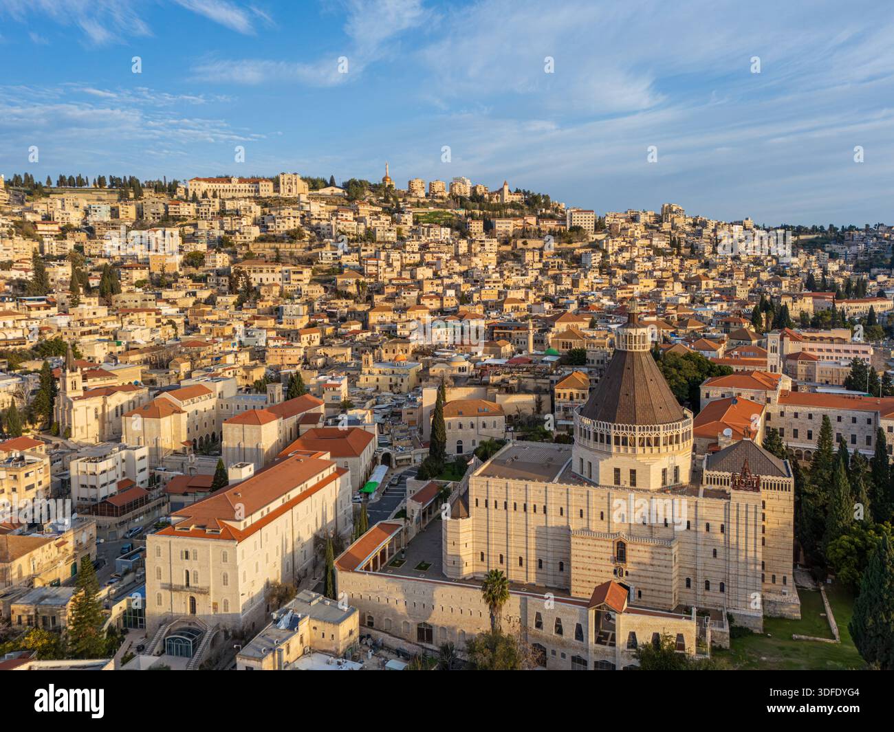Aerial view of Nazareth with the Basilica of the Annunciation, Israel ...
