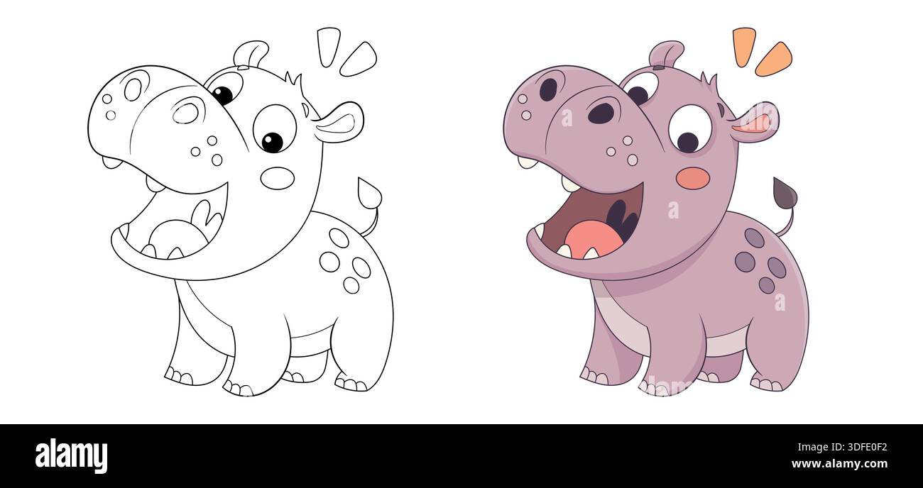 Vector set with cute smiling hippo in black and white coloring page and ...