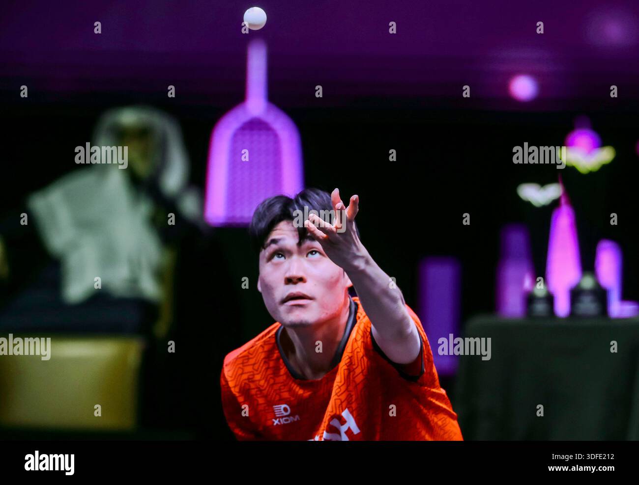 South Korea's Jang Woojin serves against Taiwan's Lin Yun-ju (Not in ...