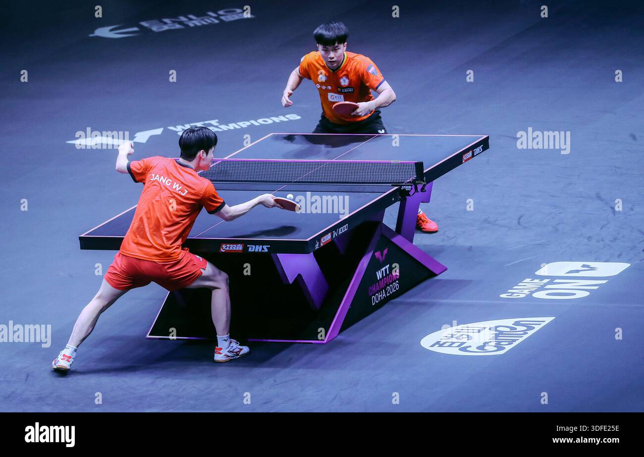 South Korea's Jang Woojin serves against Taiwan's Lin Yun-ju during ...
