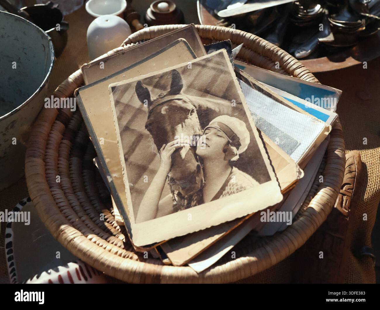 Antique flea market in Europe, Italy. Vintage items, photos. Background ...