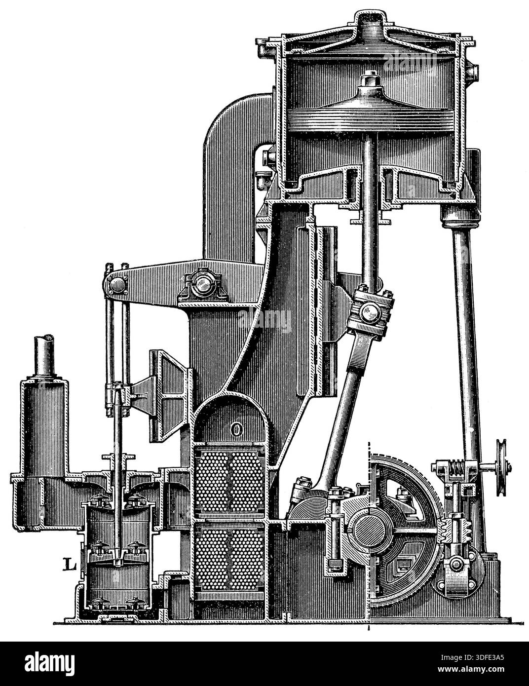 Vertical section across the crankshaft. Ship engine (triple expansion ...