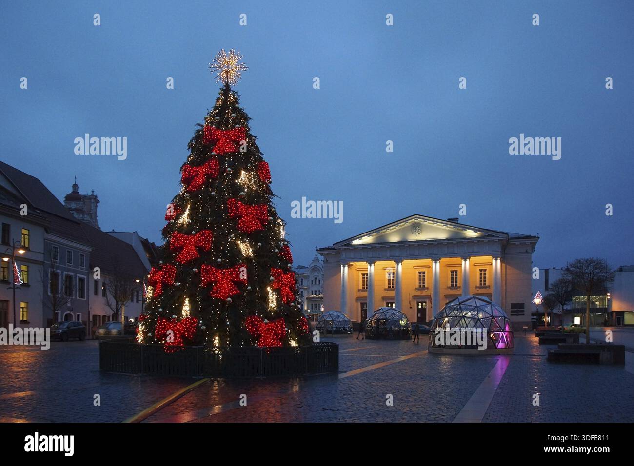 Festive decorations decorations and a Christmas tree at the Town Hall ...