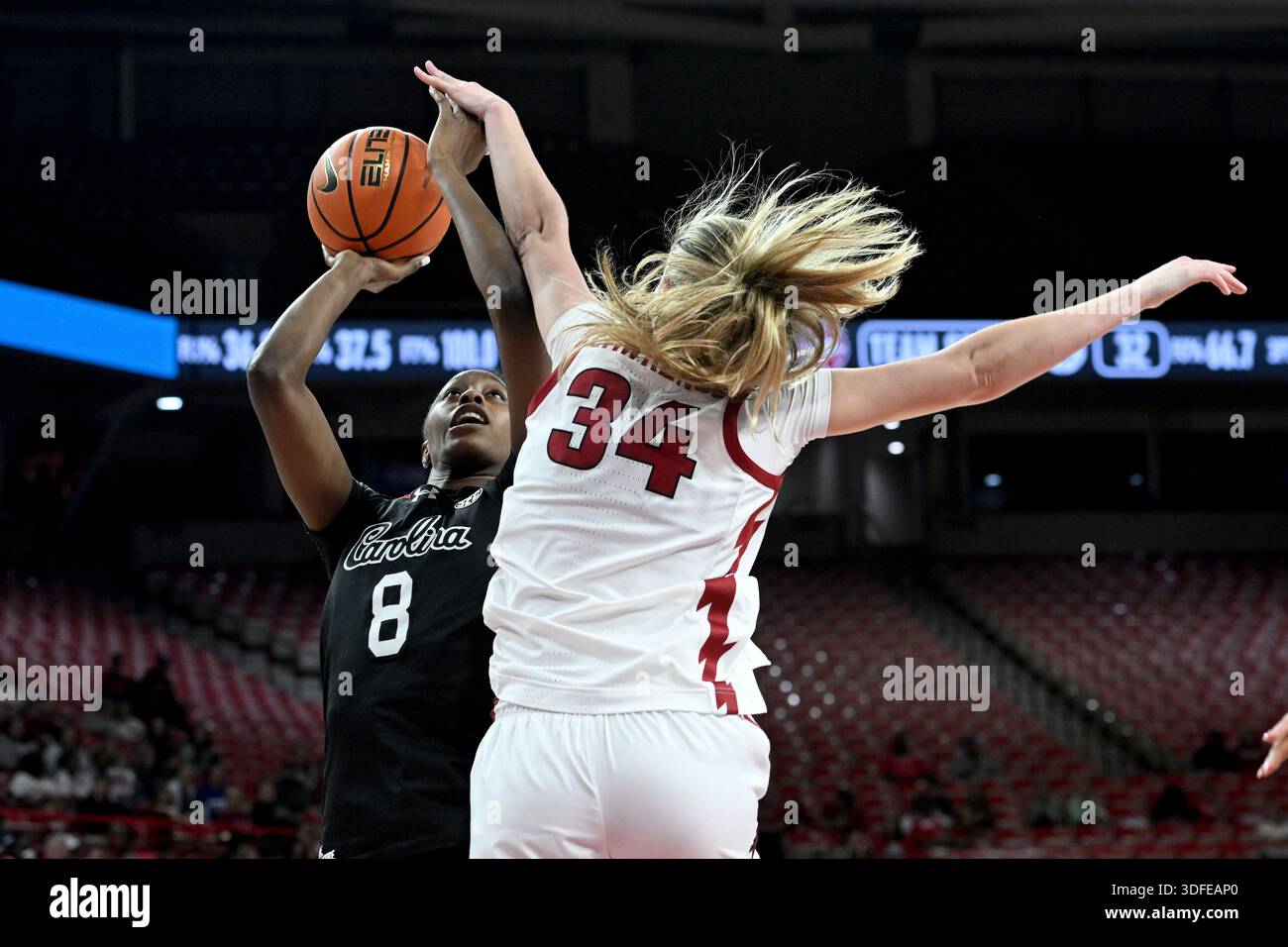 South Carolina forward Joyce Edwards (8) is fouled by Arkansas forward ...
