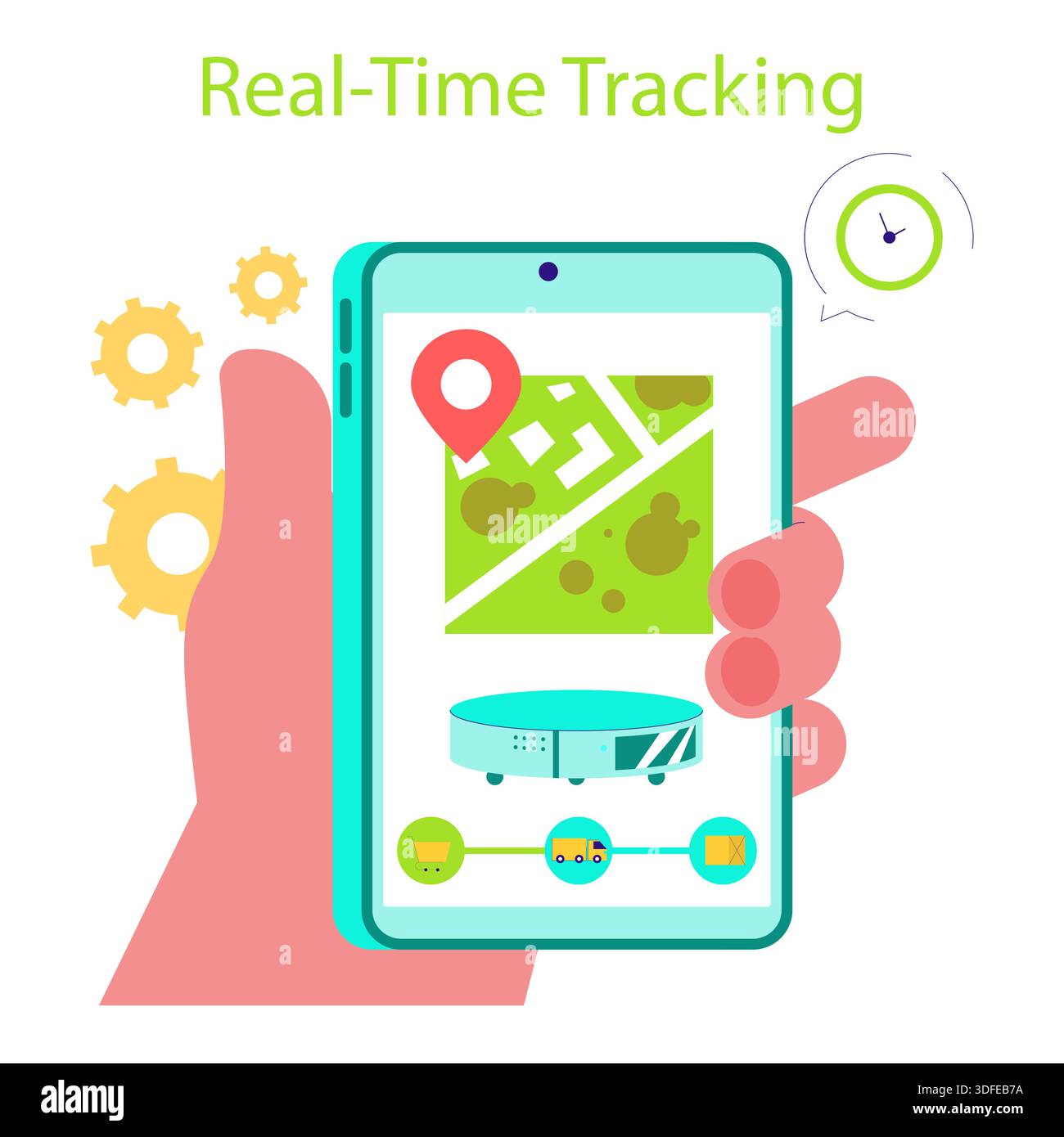 Vector illustration showing a hand holding a mobile device with real ...