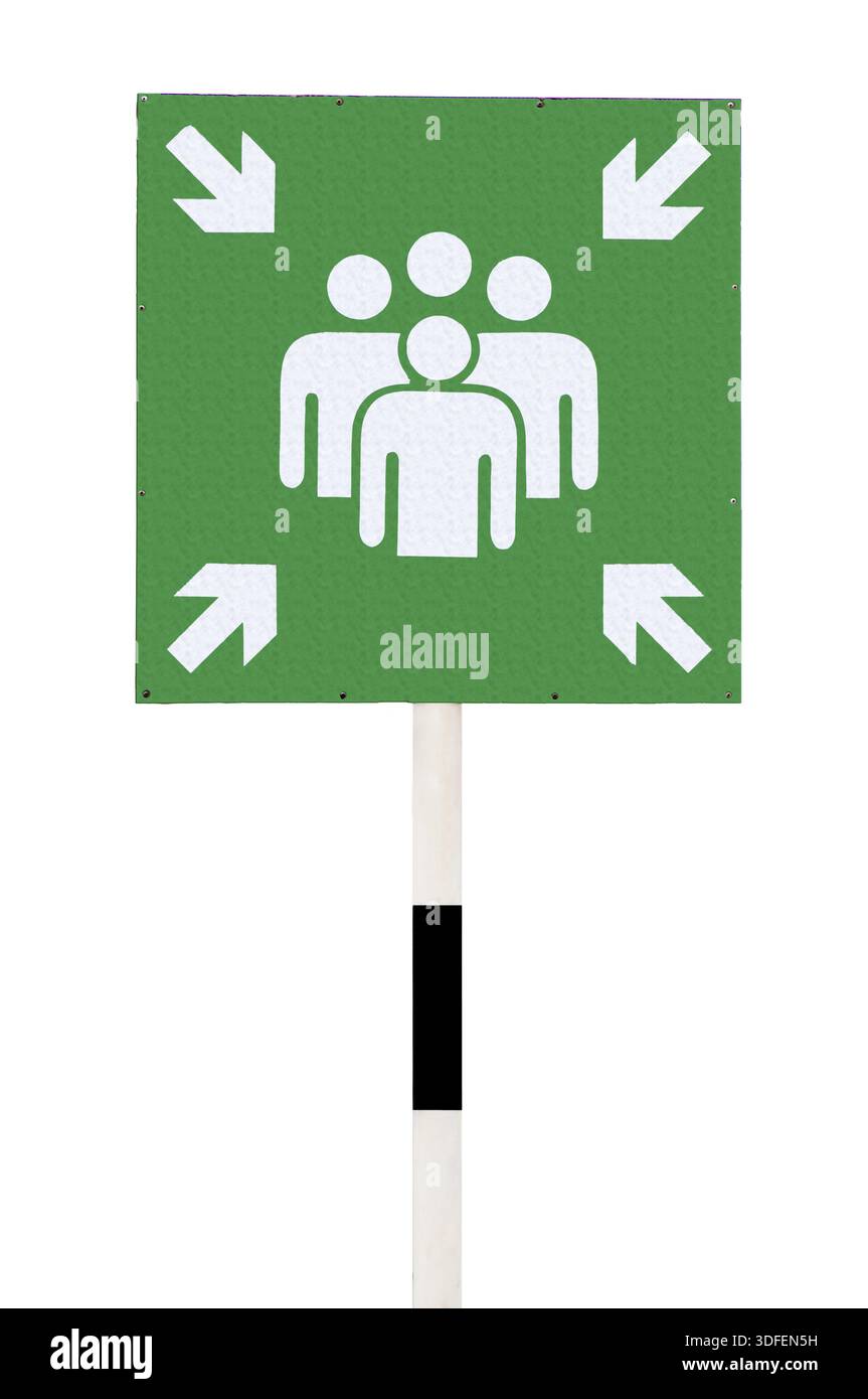A emergency assembly point green sign isolated on white background ...