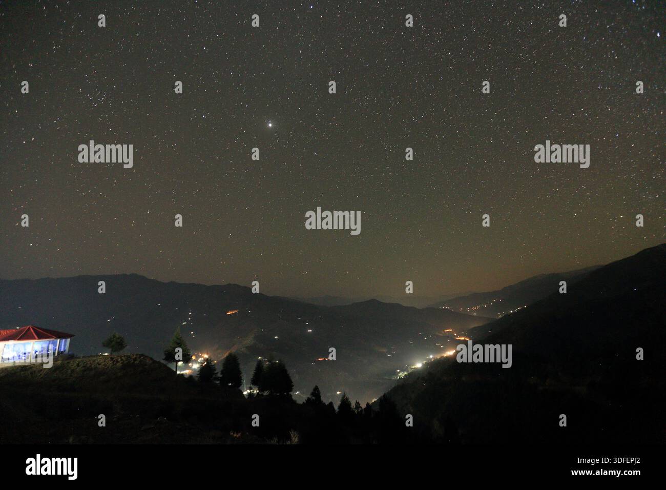 View of a starlit sky blankets the dark, mountainous landscape, with a ...