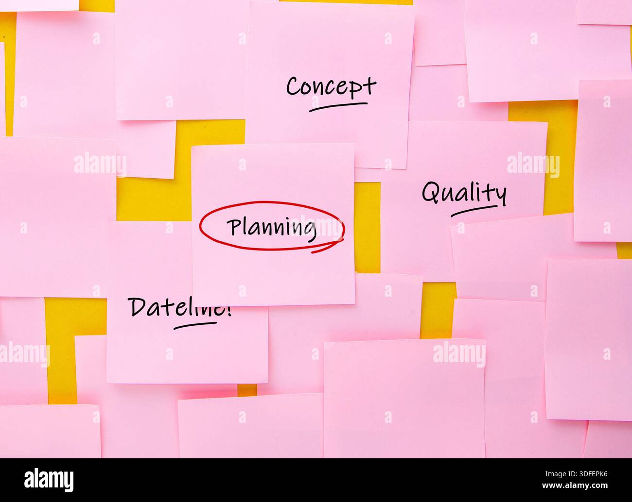 Pink sticky notes with project management words, emphasizing planning ...