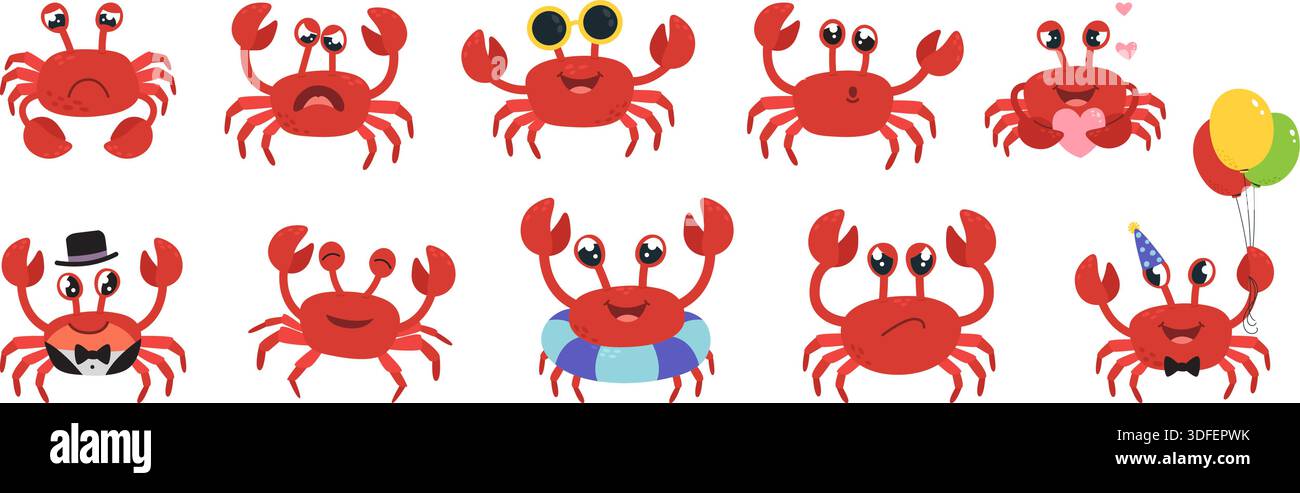 Cartoon cute crabs. Crab in love, with balloons, wear sunglasses and ...