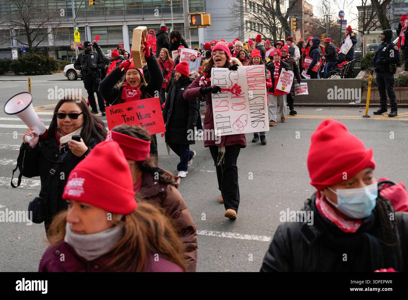 Nurses strike outside New York-Presbyterian Hospital, Monday, Jan. 12, 2026, in New York. (AP ...