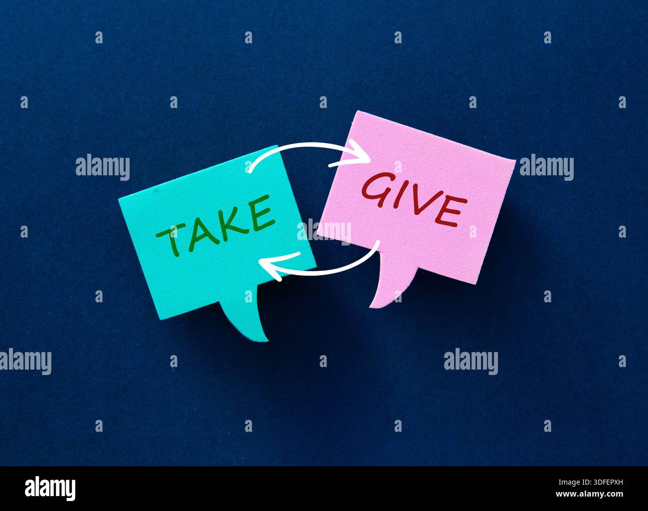 Green and pink speech bubbles showing give and take concept with white ...