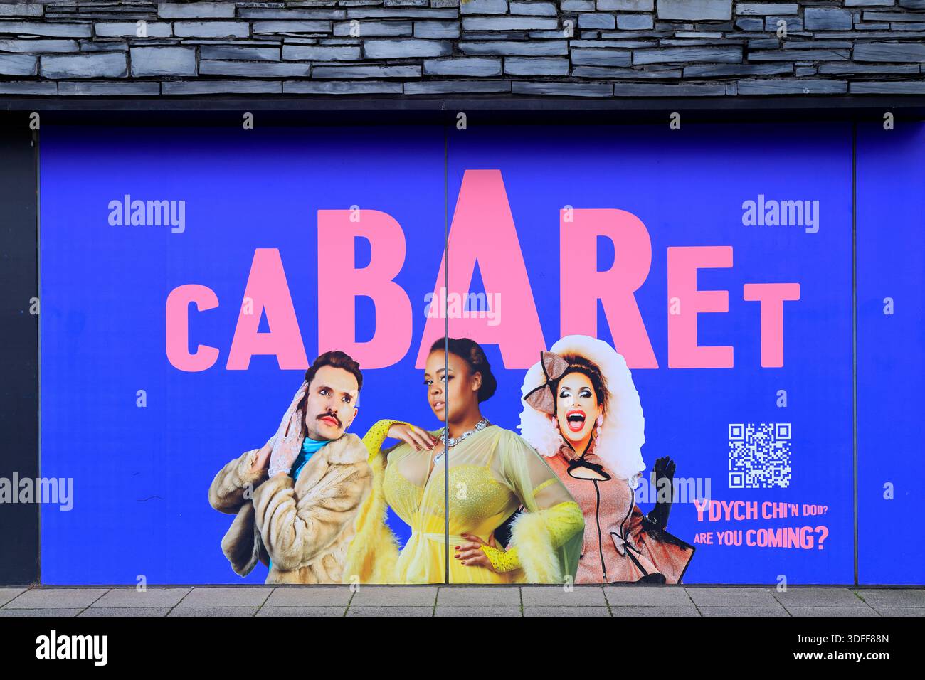 Colourful poster for the show Cabaret, exterior of Wales Millennium ...
