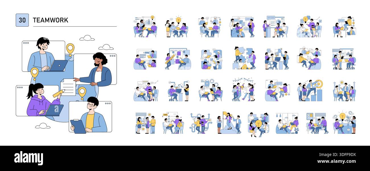 Vector illustration depicting team members collaborating on projects ...