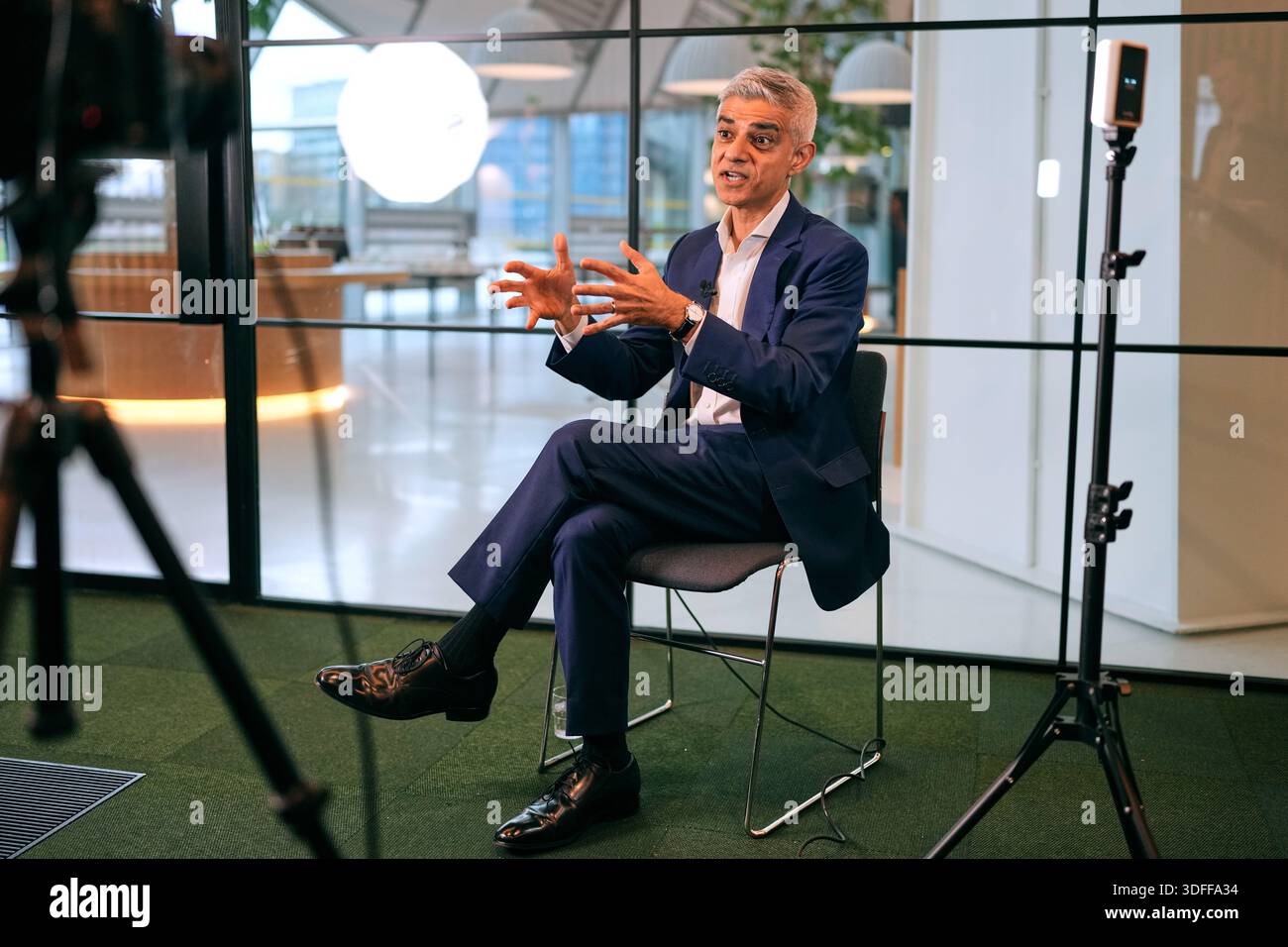 Mayor of London Sadiq Khan speaks during an interview in London, Monday ...