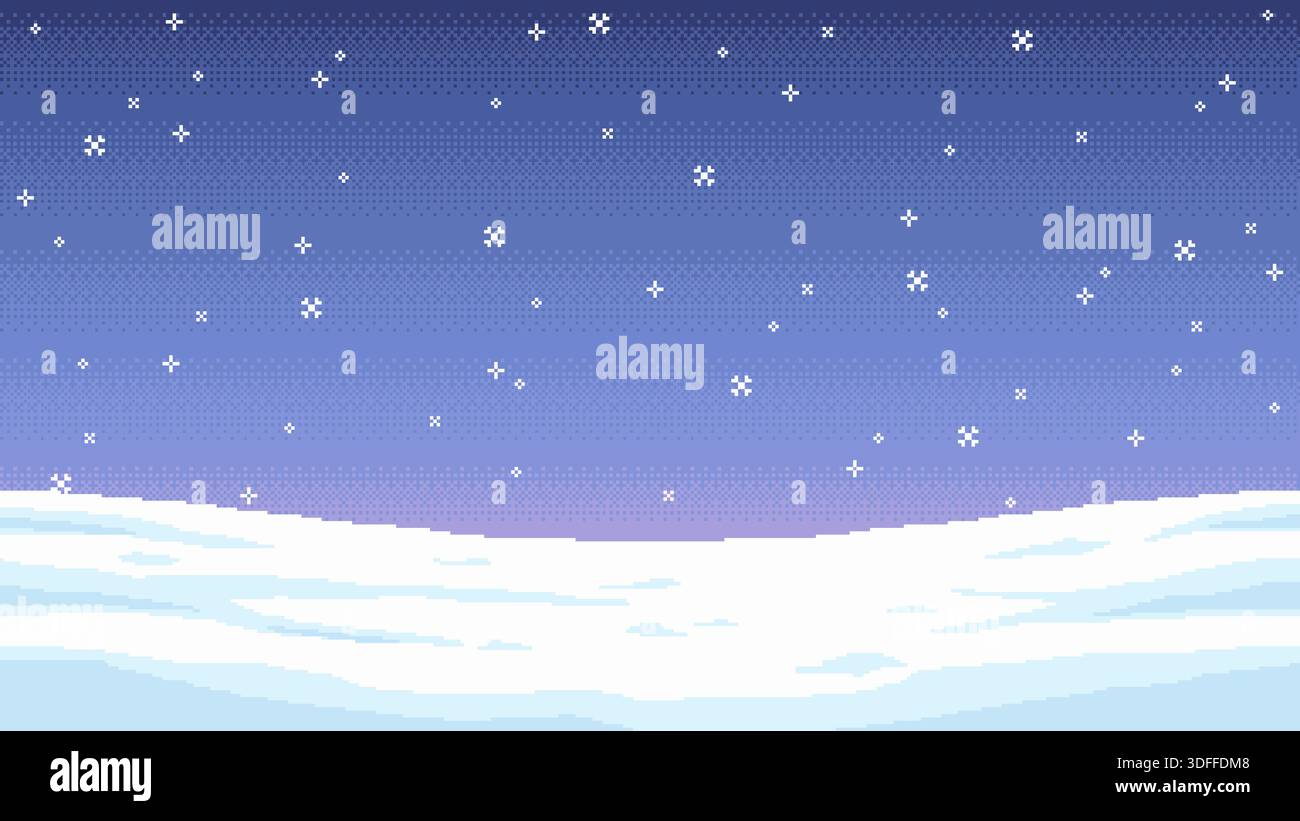 Pixel art winter landscape with snowy hills and falling snowflakes ...