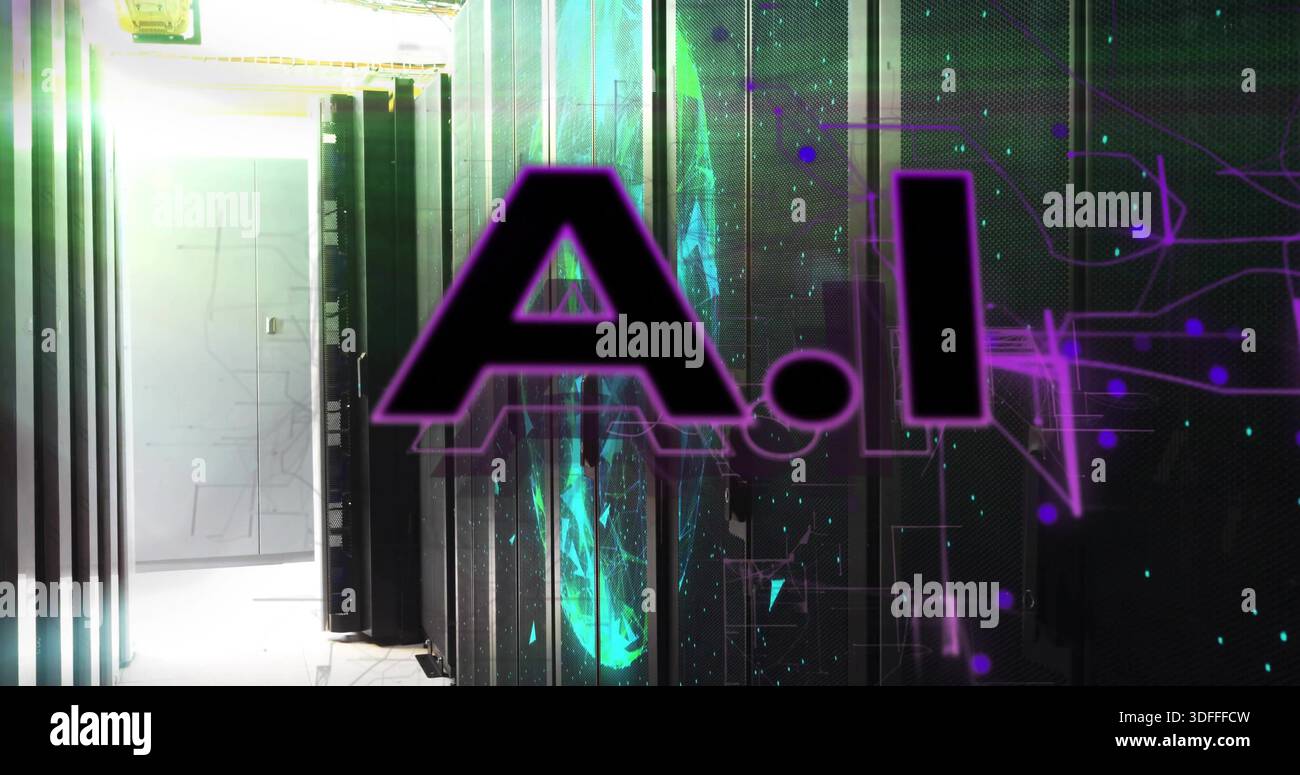 Dominating stylized AI graphic glowing over server racks in data center ...