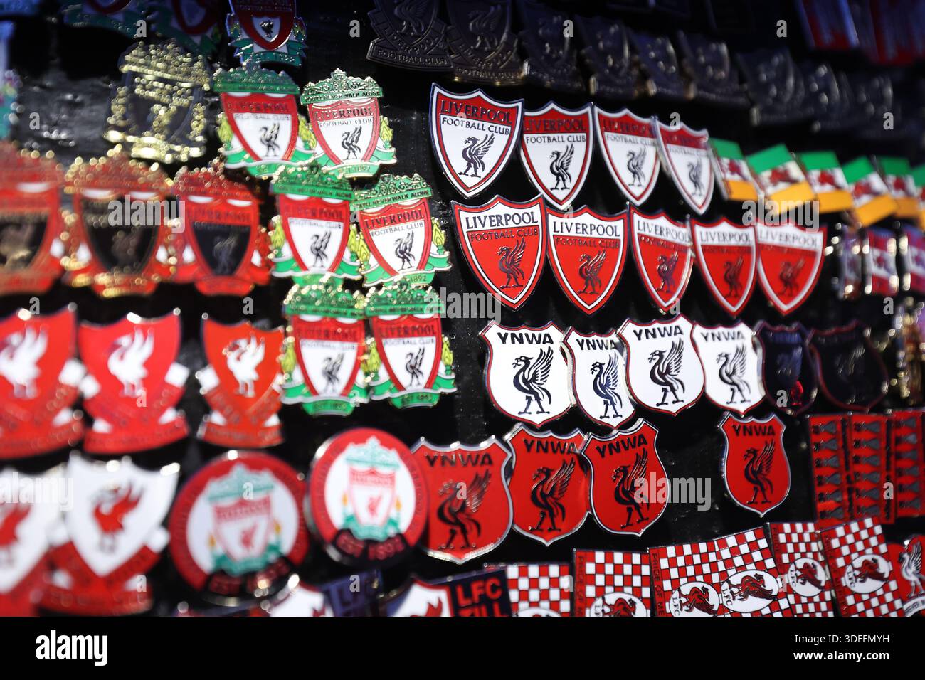 Liverpool, England, 12th January 2026. A view of pin badges for sale ...